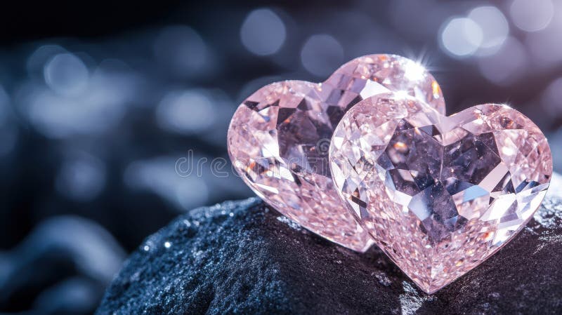 Two Sparkling Pink Heart Shaped Crystals on Dark Surface, Radiating ...