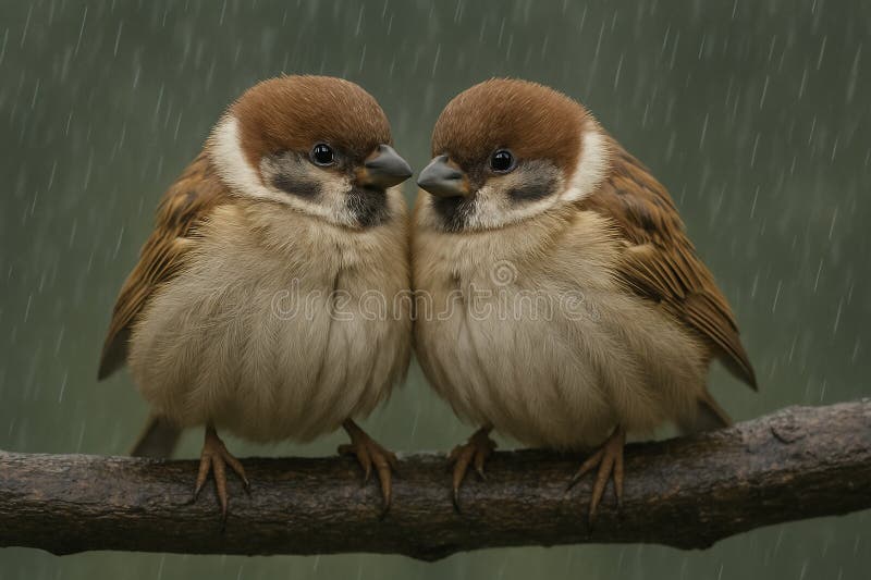 Two Sparrows Cuddling Together in Rainfall. Generated AI Stock ...