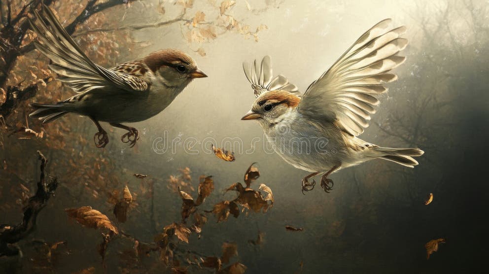Two Sparrows in Flight Amidst Autumn Leaves Stock Illustration ...