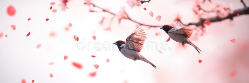 Two Sparrows Flying among Falling Petals in Springtime Bloom Stock ...