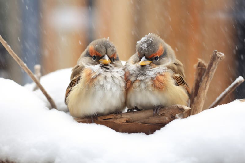 Two Sparrows Huddled in a Snow-dusted Nest Stock Photo - Image of avian ...