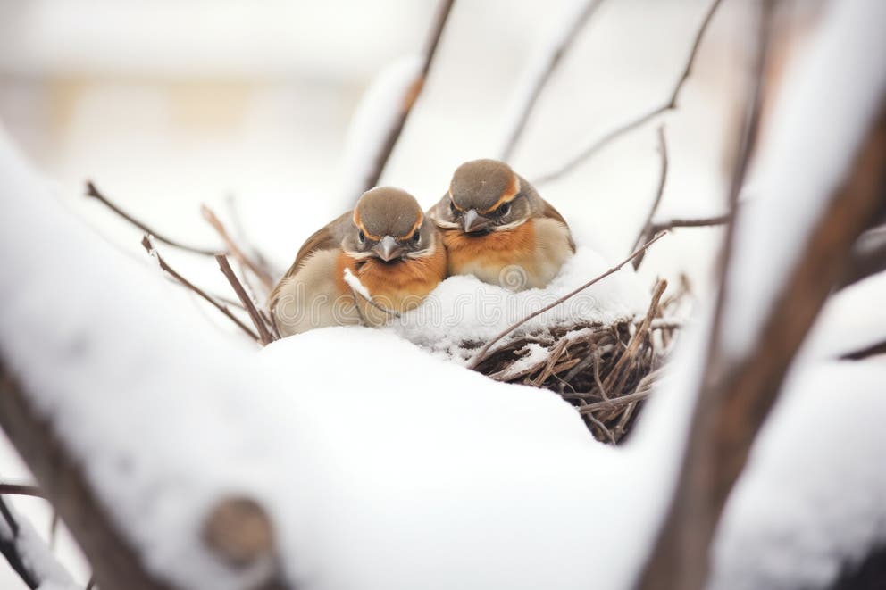 Two Sparrows Huddled in a Snow-dusted Nest Stock Image - Image of ...