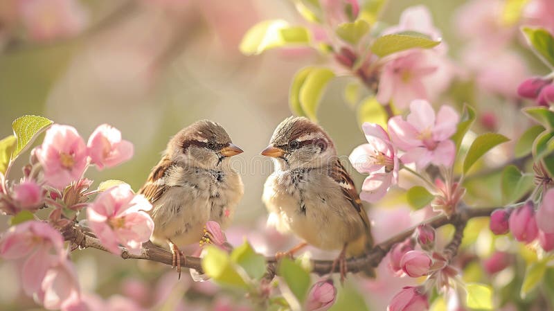 Sparrows on Blooming Lilac Branch with Beautiful Flowers in Spring ...