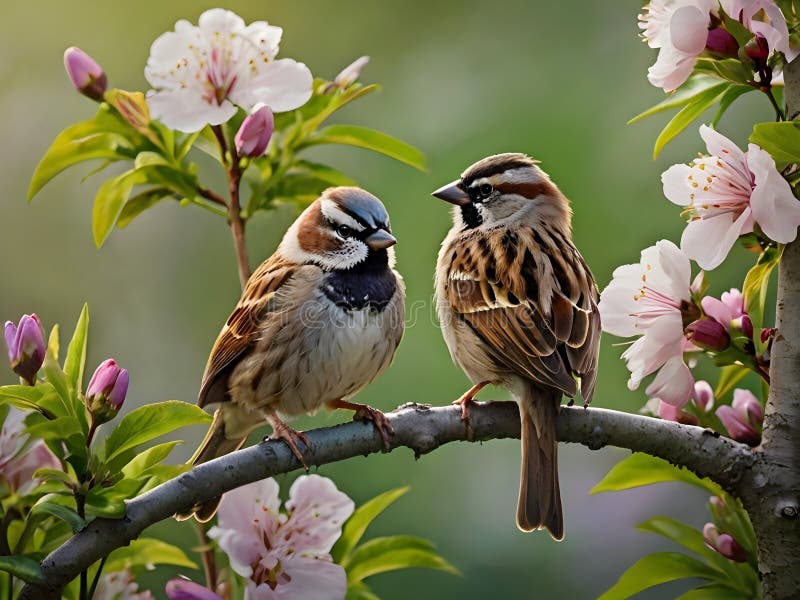 Two Sparrows Perched on a Branch Surrounded by Blossoming Flowers in ...