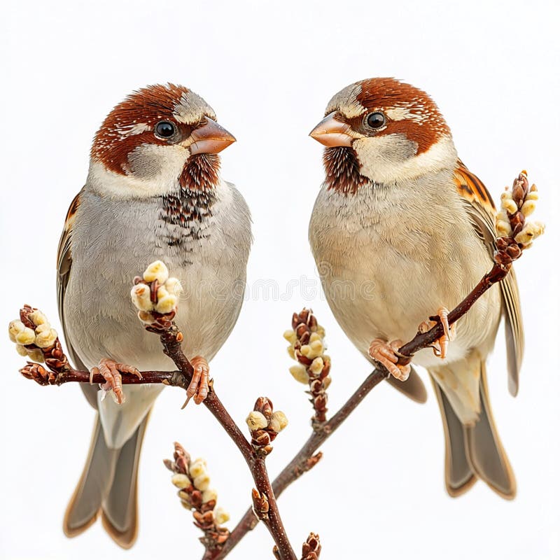 Cute Sparrows on Blooming Branch with Soft Pink Flowers and Blurred ...