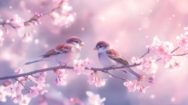 Sparrows on Blooming Lilac Branch with Beautiful Flowers in Spring ...