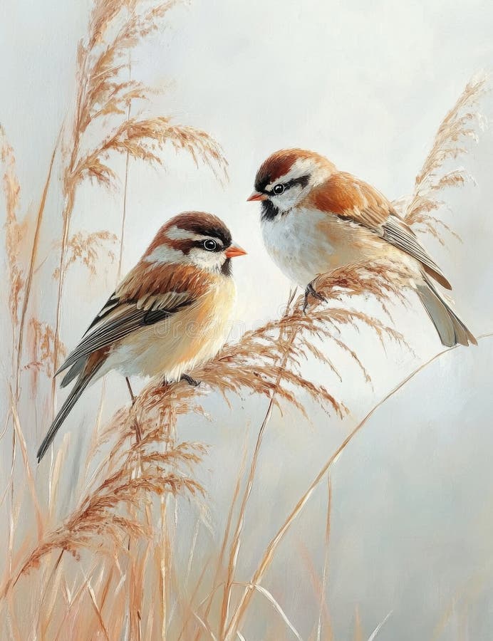 Two Sparrows Perched on Tall Grass at Dawn, Surrounded by a Soft, Misty ...