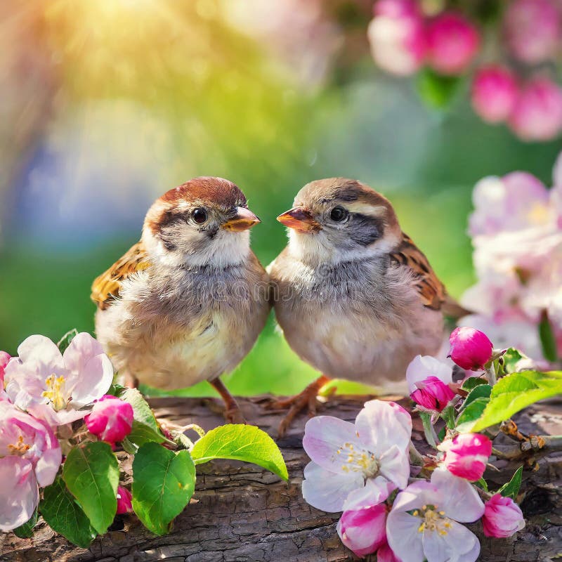 Two Sparrows Sitting on a Branch of Blossoming Tree Stock Illustration ...