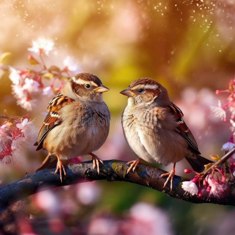 Two Sparrows Sitting on a Branch with Cherry Blossoms Stock ...