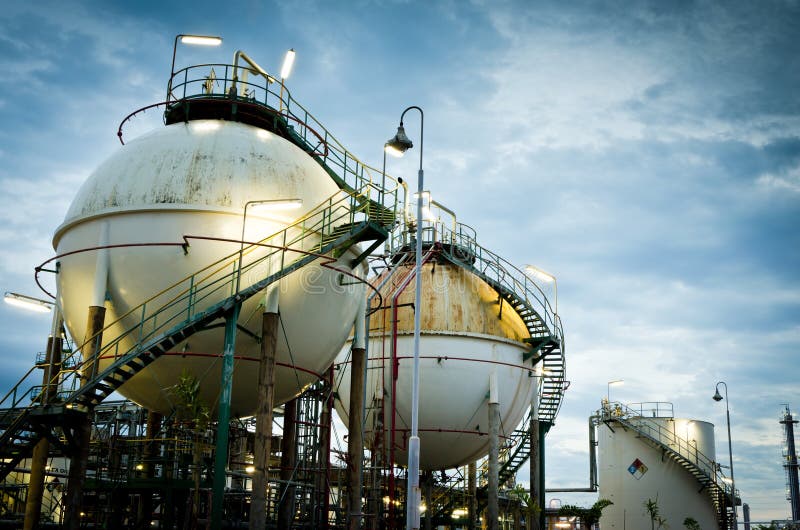 Two Sphere Gas Storages at Night Stock Image - Image of distillery ...
