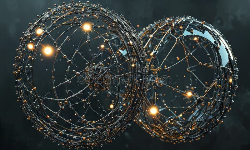 Two Spheres with Connected Connections and Glowing Lights Stock ...