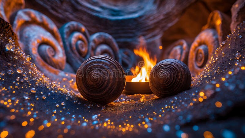Mystical Wooden Spheres by Firelight, Glowing Embers and Water Droplets ...