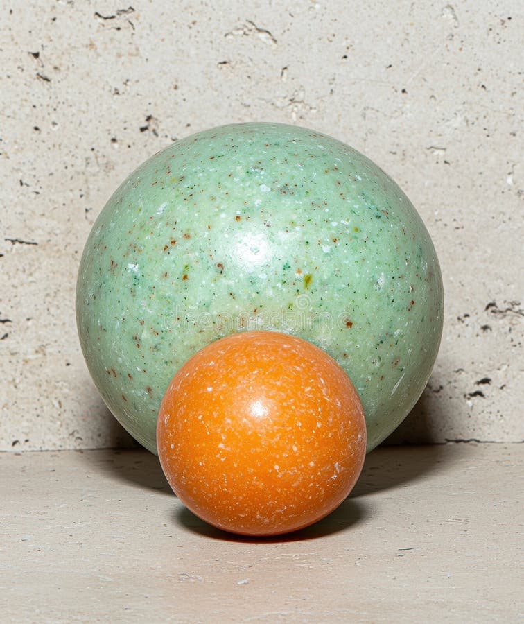 Two Spheres, One Green and One Orange, on a Textured Surface. Stock ...