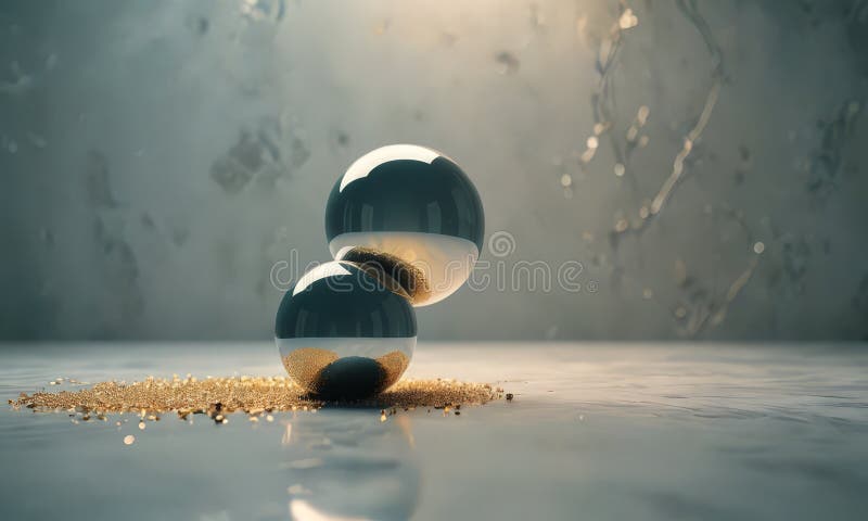 Two Spheres, One Silver and One Black, are Stacked on Reflective ...