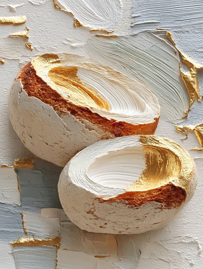 Two Spherical Objects Resembling Cracked Eggs Feature a Textured ...