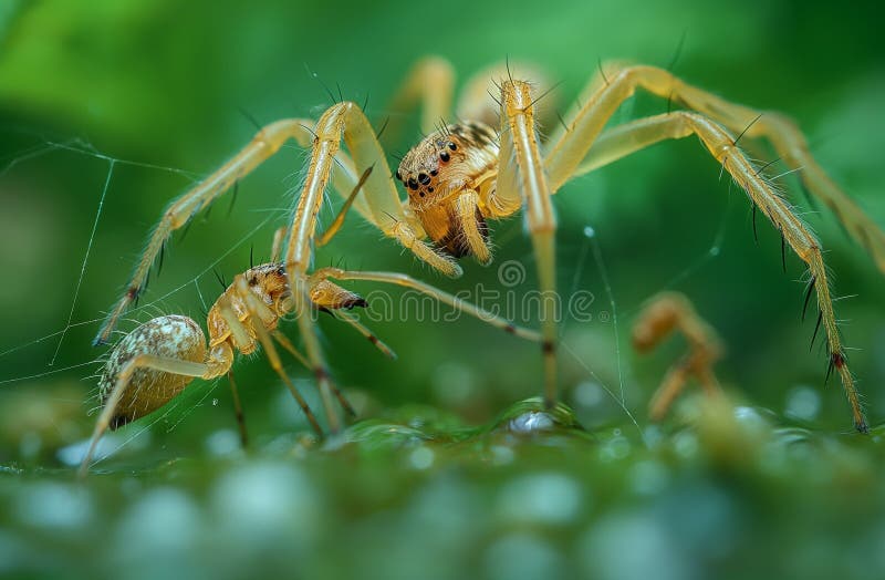 Two Spider are Standing Together in the Dirt while Another Crawls on ...