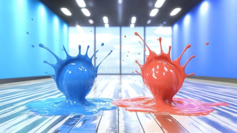Two Splashes of Blue and Red Paint on a Wooden Floor in a Vibrant ...