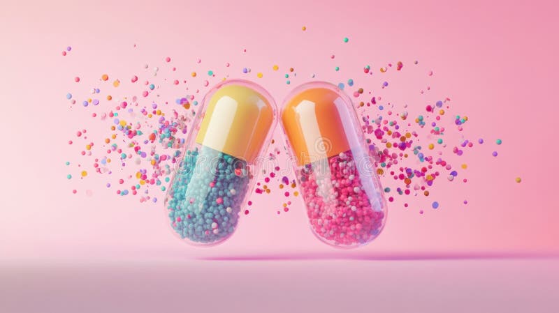 Colorful Particles Spill from Split Capsules in a Vibrant Display ...