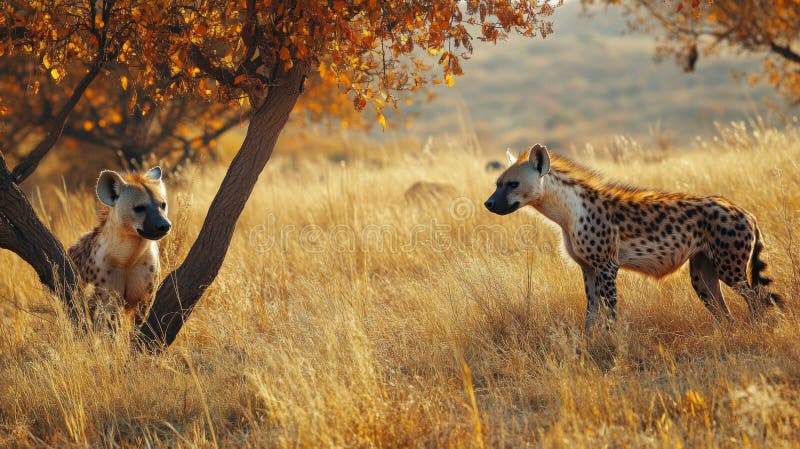 Two Spotted Hyenas in Golden Hour Savanna Grassland Stock Illustration ...