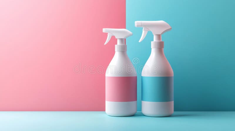 Two Spray Bottles with Cleaning Product on Pink and Blue Backgrounds ...