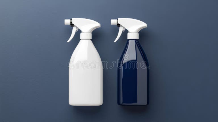 Two Spray Bottles White and Blue with White Triggers on Dark Blue ...