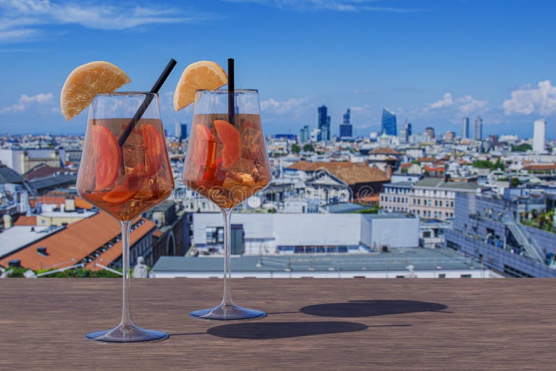 Two Spritz Cocktails on a Table with View of Milan, Italy Stock Photo ...