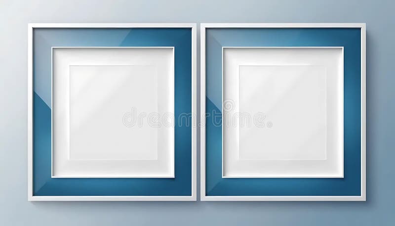 Two Square Frames with White Mats and Blue Borders Hanging on a Light ...