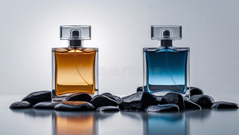 Two Square Glass Perfume Bottles with Amber and Blue Liquid on Black ...