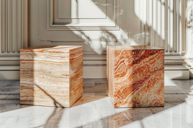 Two Square Marble Cubes Stand on a Polished Marble Floor, Bathed in ...