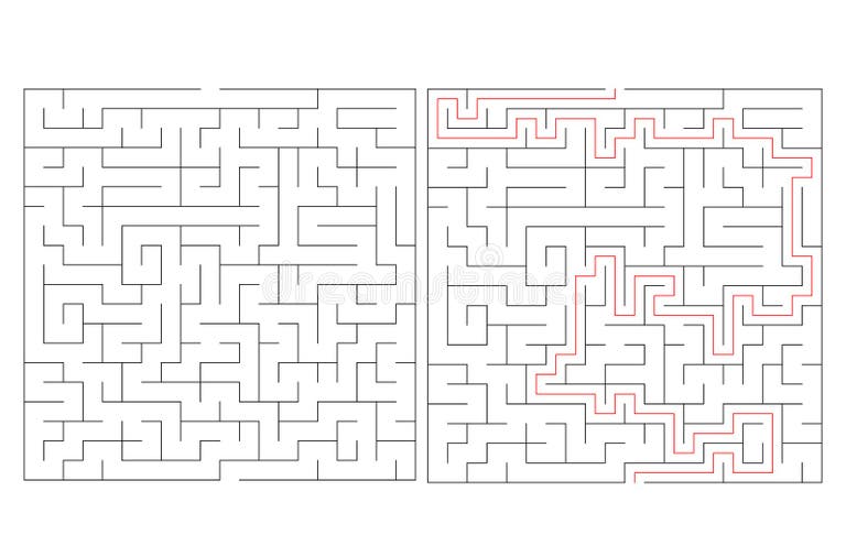 Maze Puzzle with Solution Shown in Red on White Background Stock ...