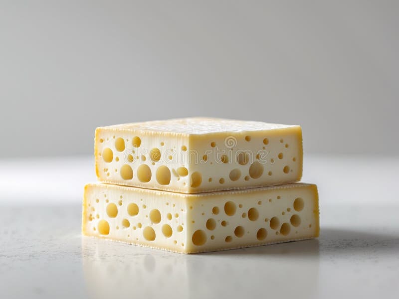 Two Square Pieces of Cheese Stacked with Many Holes Visible Stock Image ...