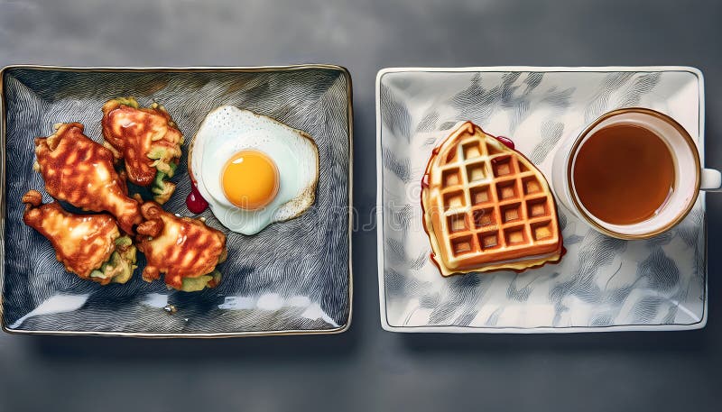 Two Square Plates, One with Fried Chicken, Egg, and Sauce, the Other ...