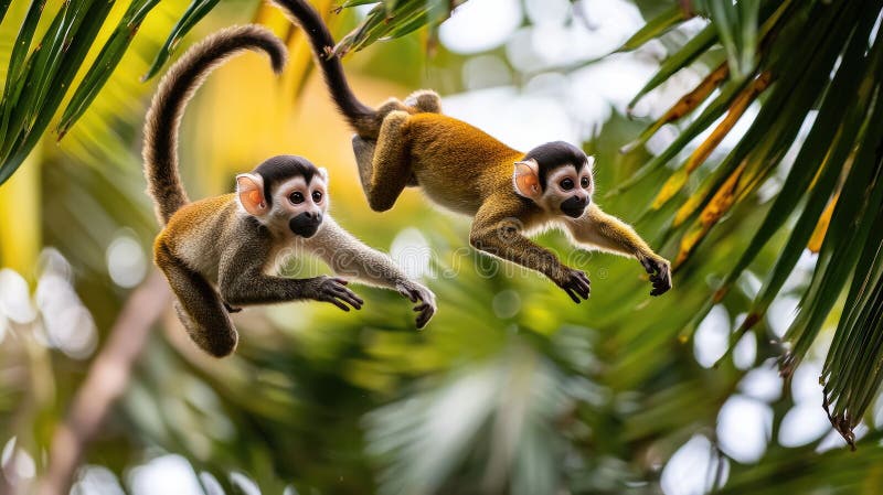 Two Squirrel Monkeys Swinging through the Trees in the Rainforest Stock Photo - Image of foliage ...