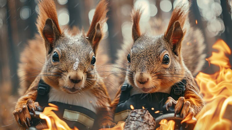 Two Squirrels Brave the Fire Stock Illustration - Illustration of teeth ...