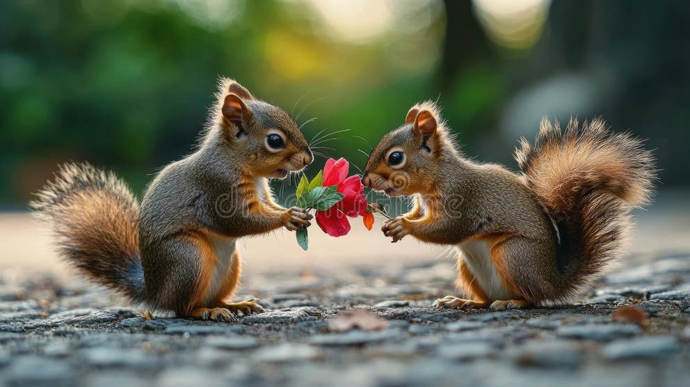 Two Squirrels Cuddling with a Rose Stock Photo - Image of generated ...
