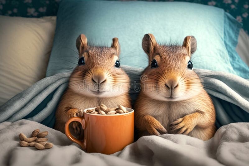 Two Squirrels Cuddling in Their Warm Bed, Generative Ai Stock ...