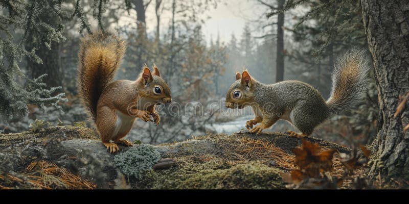 Two Squirrels Facing Each Other on a Fallen Log in a Forest Stock ...