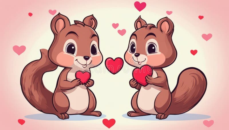 Two Squirrels Holding Hearts and Smiling Stock Illustration ...