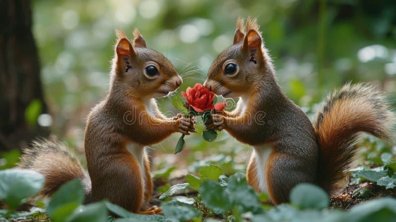 Two Squirrels Holding a Rose in Their Paws Stock Image - Image of ...
