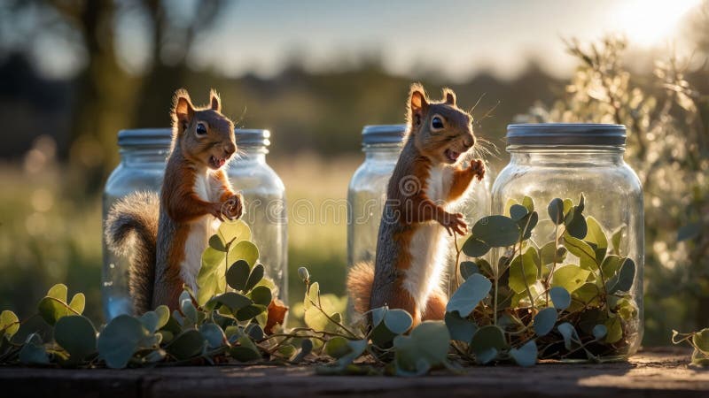 Two Adorable Red Squirrels Posing Near Glass Jars with Eucalyptus Stock ...