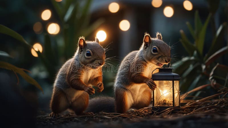 Two Adorable Squirrels Exploring a Glowing Lantern at Night Stock Illustration - Illustration of ...