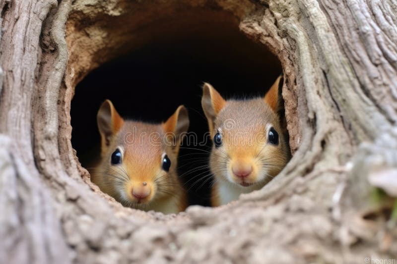 Two Squirrels, One Inside a Tree Hollow, the Other Outside Stock Image ...