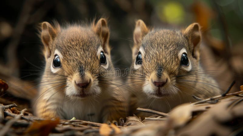Two Squirrels Peeking through Leaves Stock Image - Image of brown ...