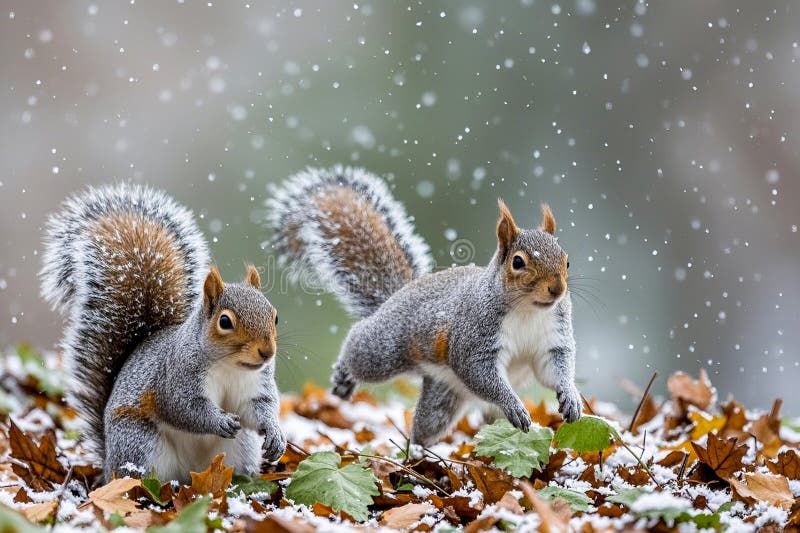 Two Squirrels Playing in Snowy Leaves Stock Image - Image of playing ...