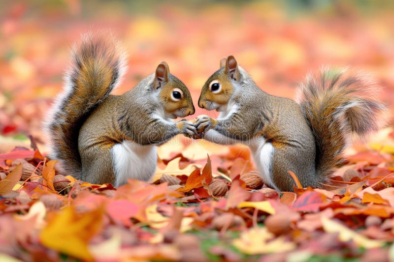 Two Squirrels Sharing a Nut on Autumn Leaves Stock Photo - Image of ...