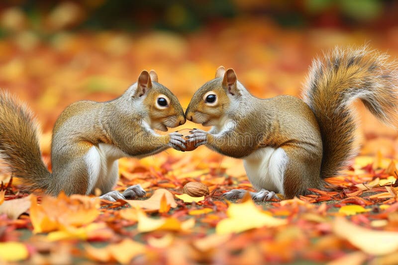Two Squirrels Sharing a Nut on Autumn Leaves Stock Photo - Image of ...