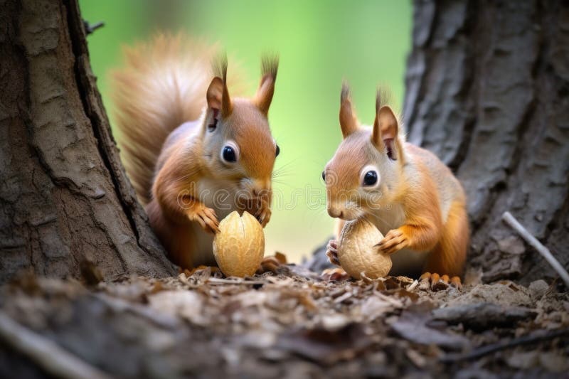 Two Squirrels Sharing a Nut Under a Tree Stock Photo - Image of ...
