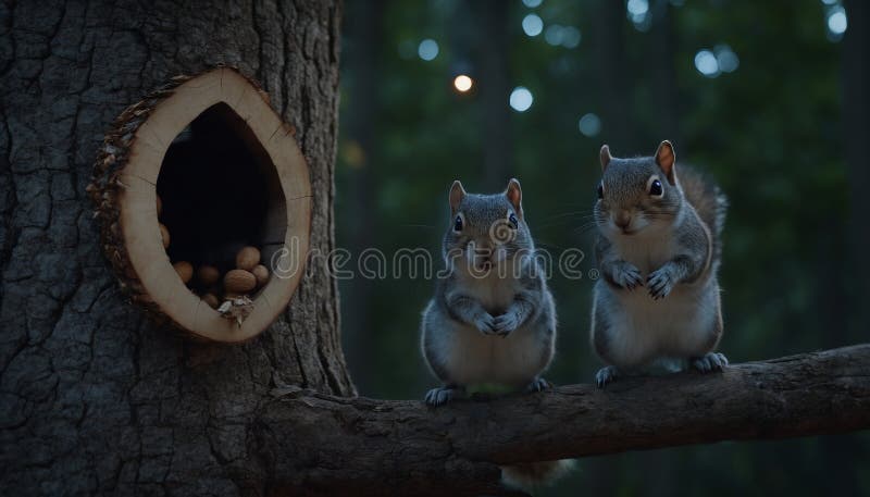 Two Squirrels Sitting on a Tree Branch Next To a Hole in the Trunk ...