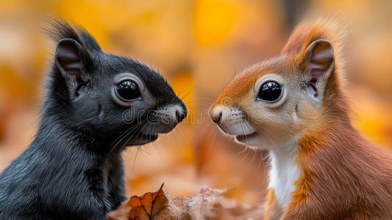 Two Squirrels are Standing Next To Each Other, One Black and One Brown ...