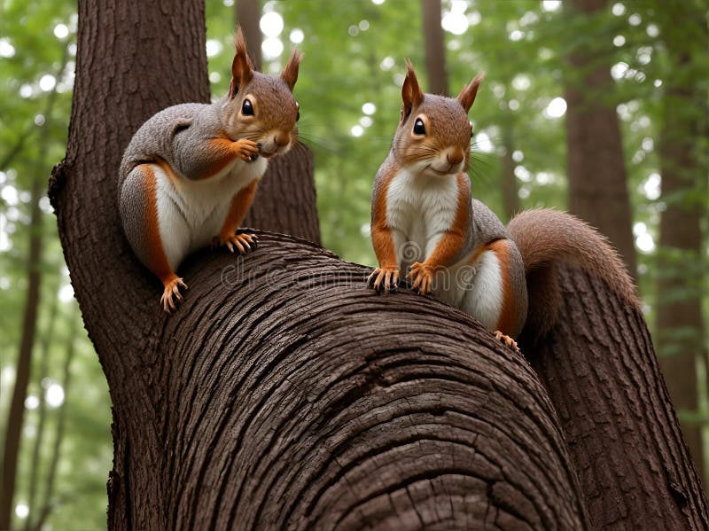 Two Squirrels on a Tree Trunk in the Forest Stock Illustration ...